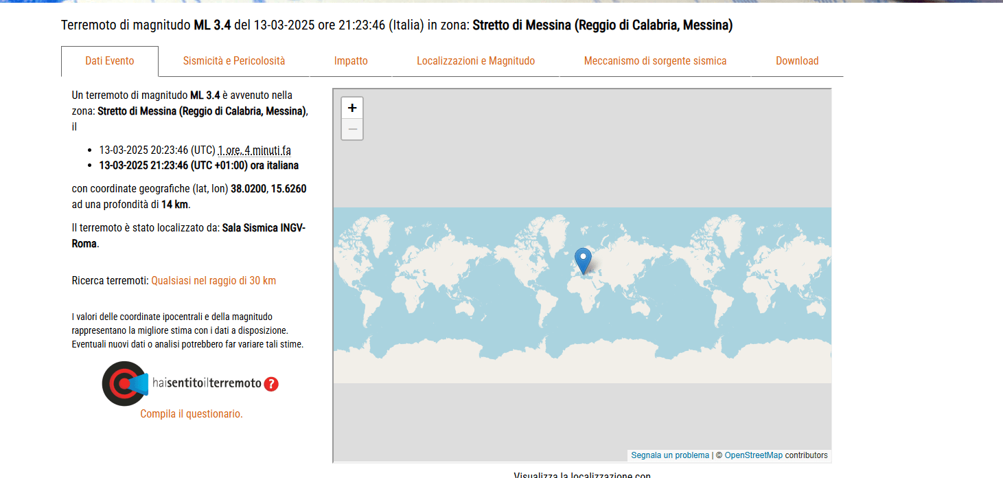 Terremoto 3.4 a Reggio Calabria, avvertito anche a Messina